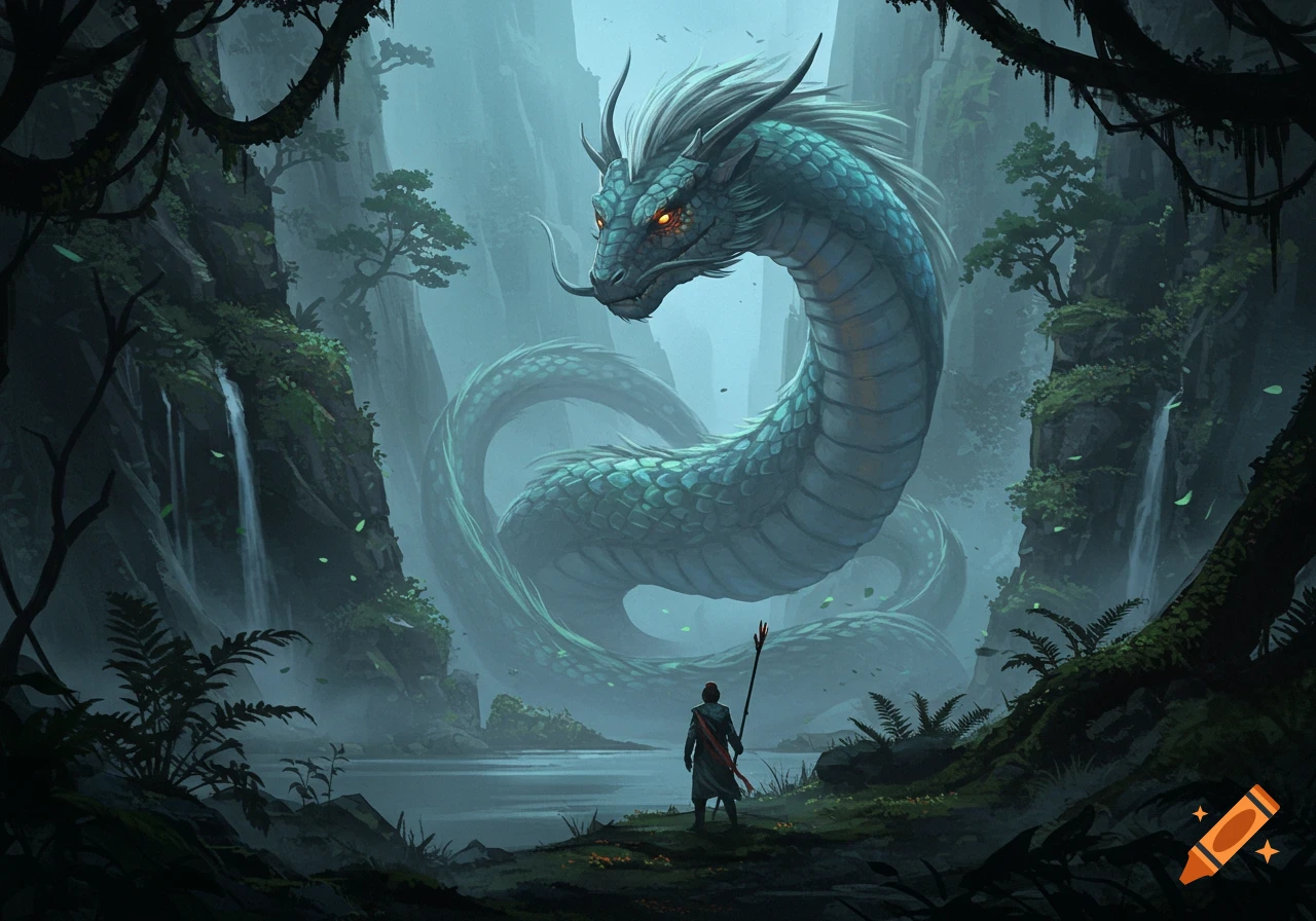 A colossal eldritch serpent covered in glowing eyes coils through a ...