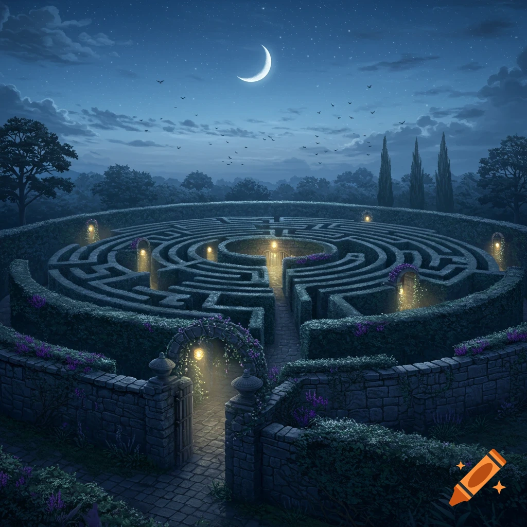 A crescent moon shines over a mystical hedge maze lit by glowing ...