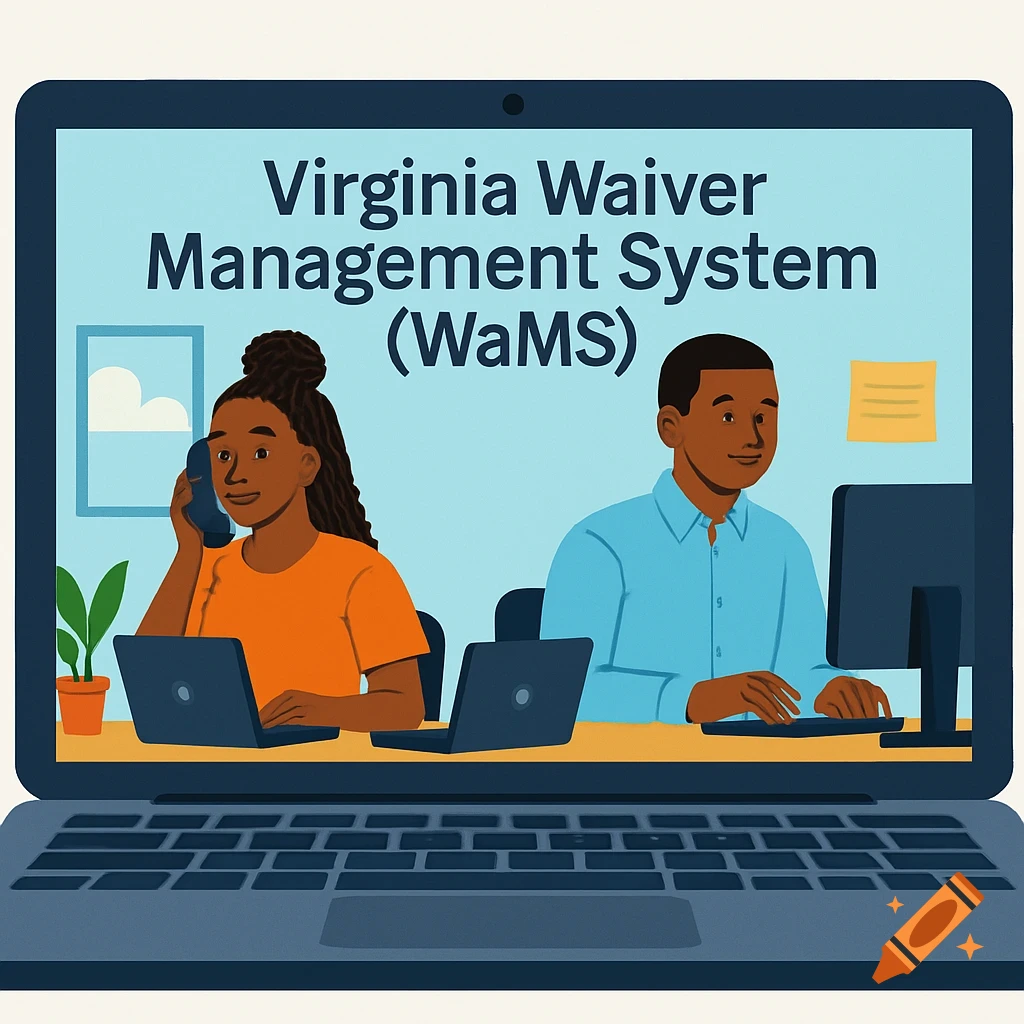 Flat illustration of a laptop screen showing two African American case managers working, with ...