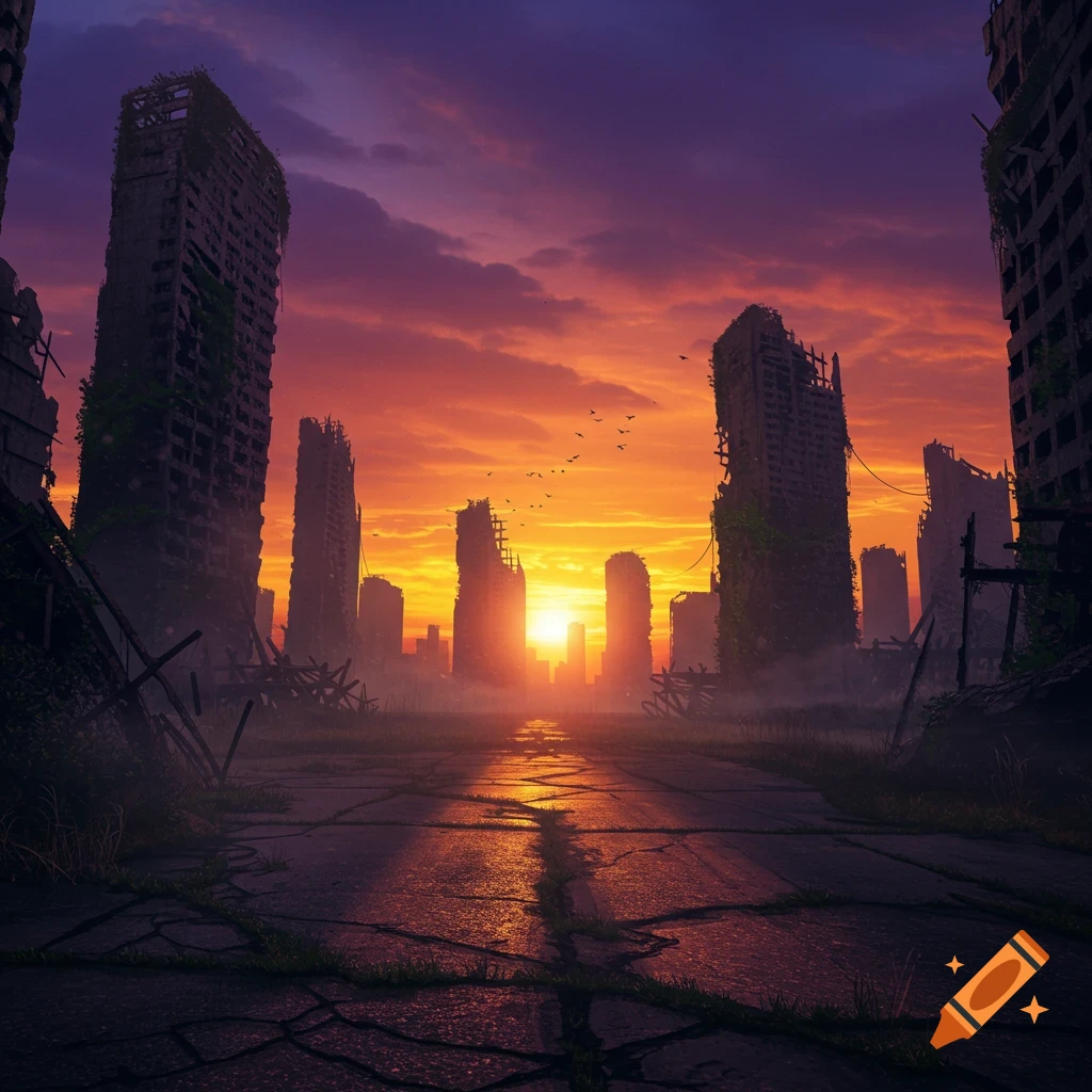 A post-apocalyptic cityscape with ruined buildings silhouetted against ...