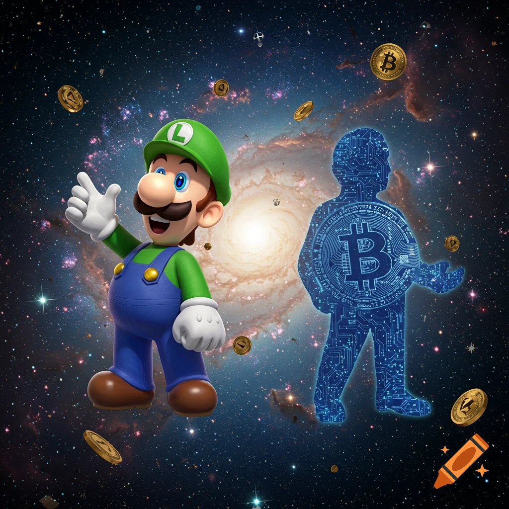 Luigi gives a thumbs up next to a blue circuit-board human silhouette ...