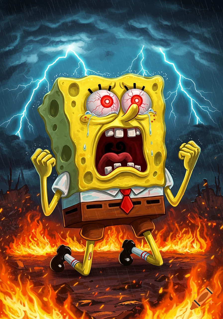 Spongebob Squarepants screaming in agony with red bulging eyes and ...