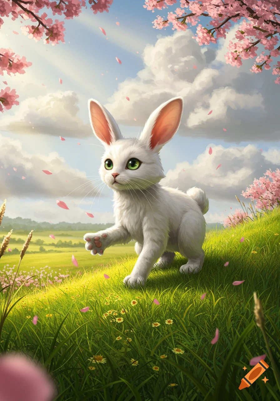 A cute white cartoon bunny with grey spots sits in a vibrant green ...