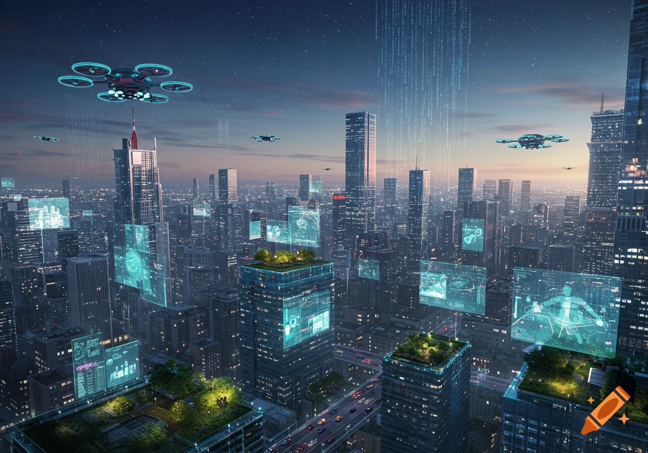 A futuristic Volocopter with four passengers flying over a sprawling ...