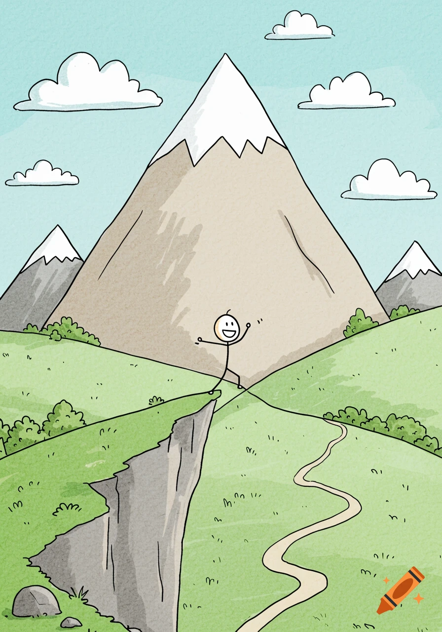 A happy stickman on a cliff overlooking a winding path and a large hand ...