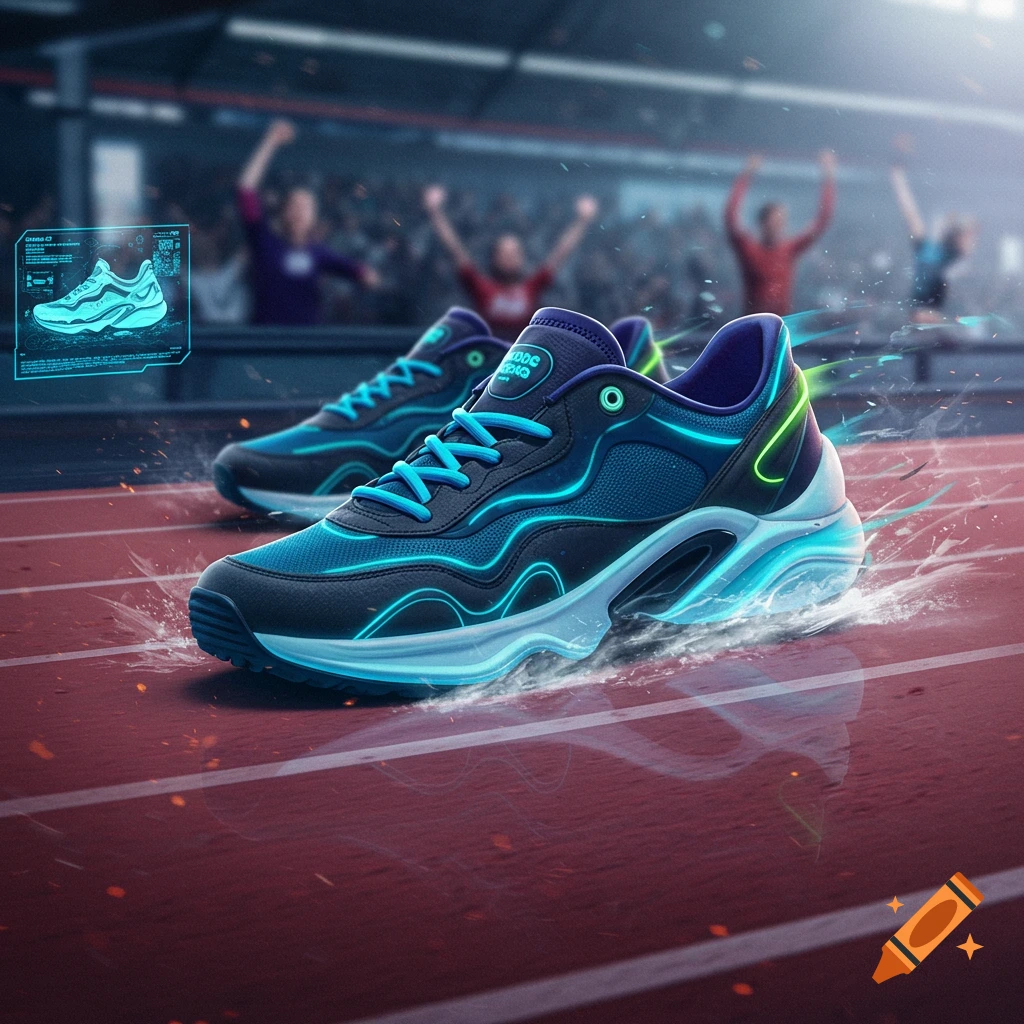 A pair of black sneakers with glowing neon blue lines and accents ...