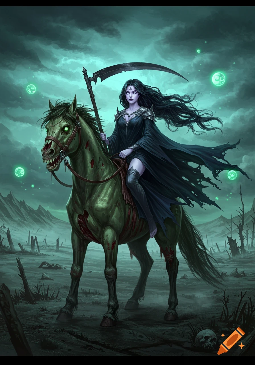 A dark fantasy illustration of a pale grim reaper girl with long black ...