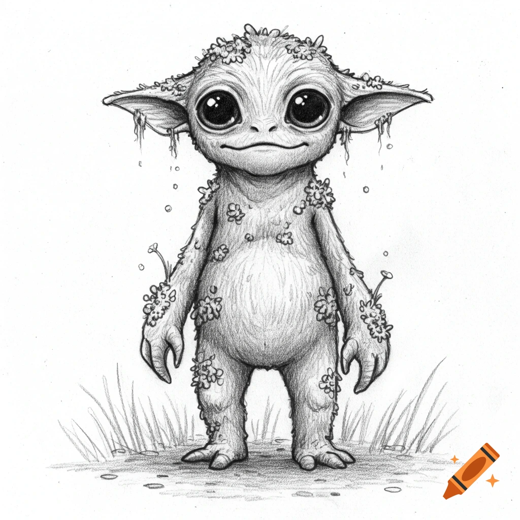 A detailed pencil drawing of a standing, emaciated alien creature with ...