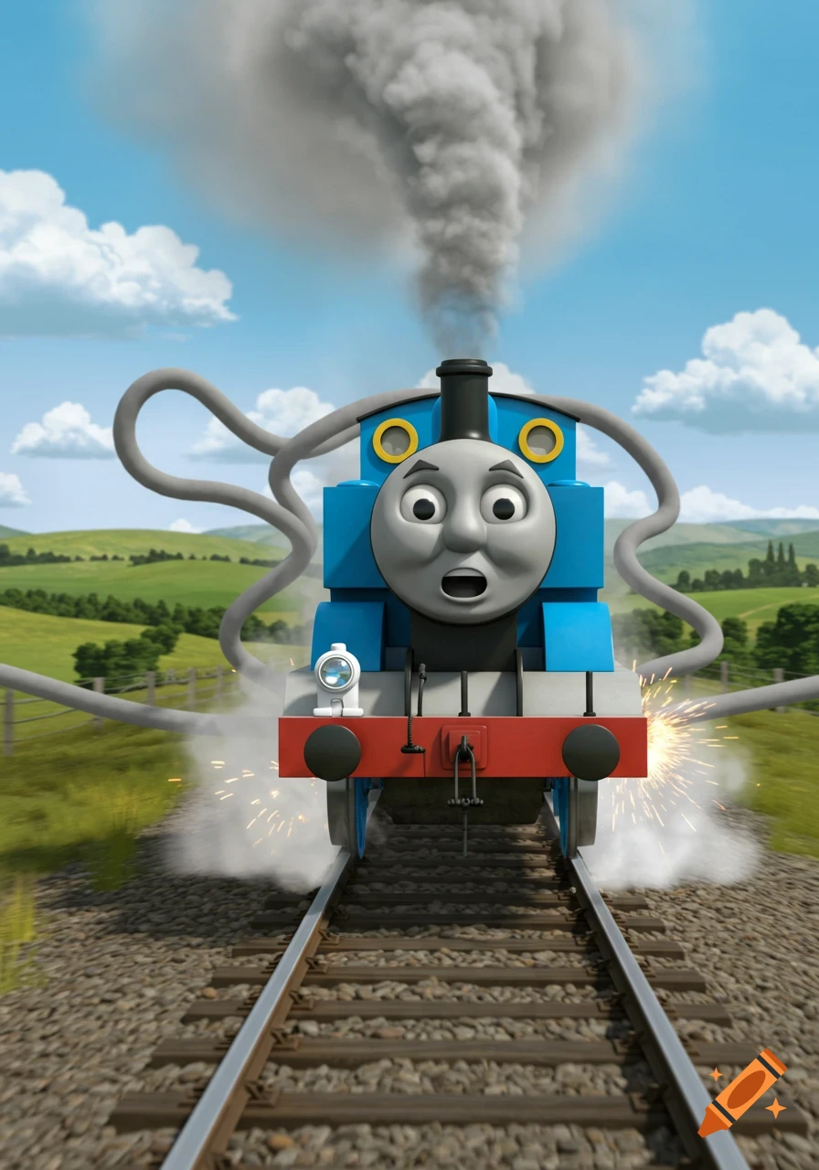 Thomas the Tank Engine with a monocle and a stern expression, standing ...