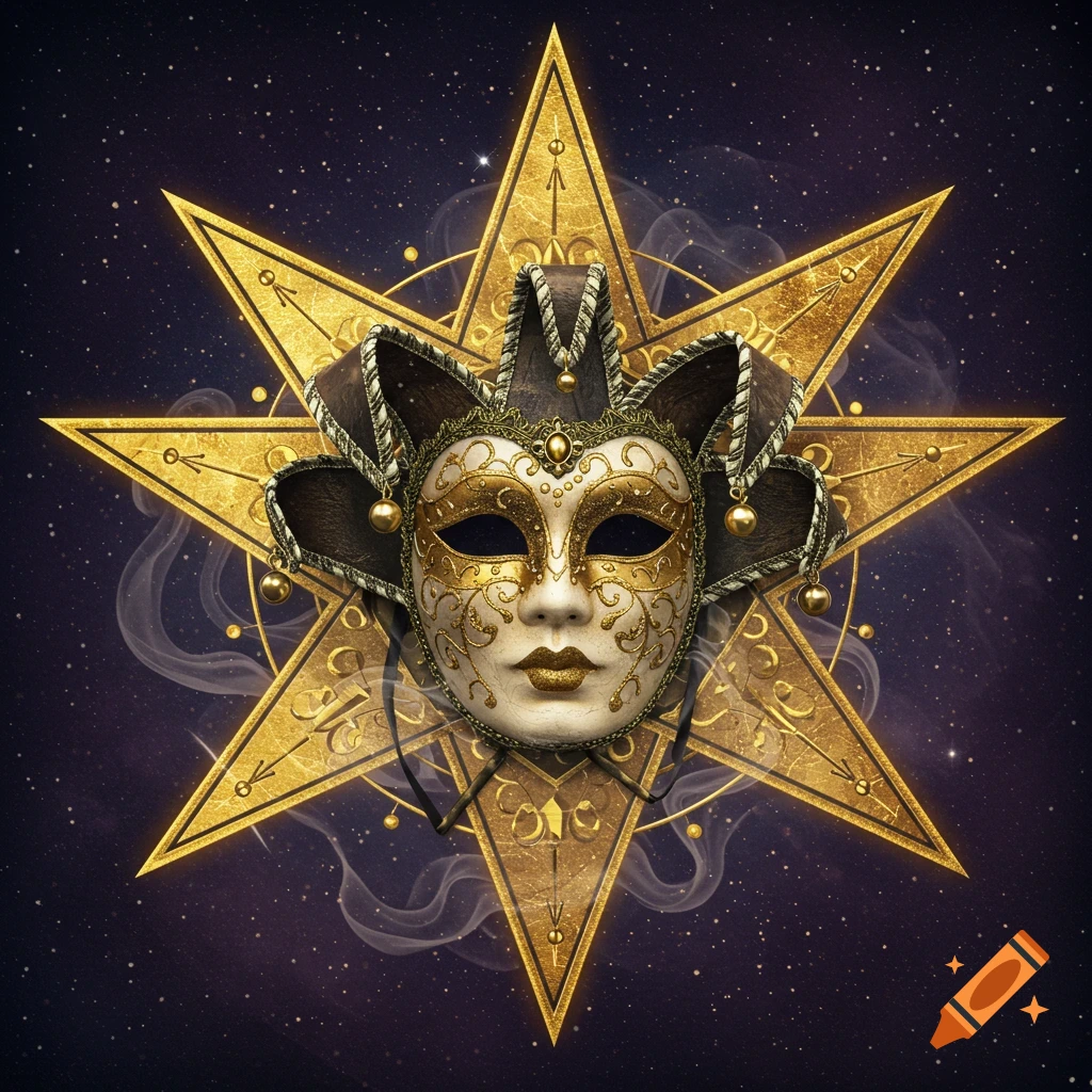 Detailed golden sun mask and silver moon mask against a split ...