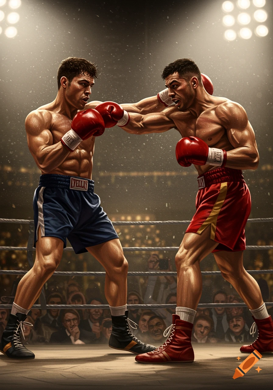 Two muscular boxers in a ring, one with red gloves and white shorts ...