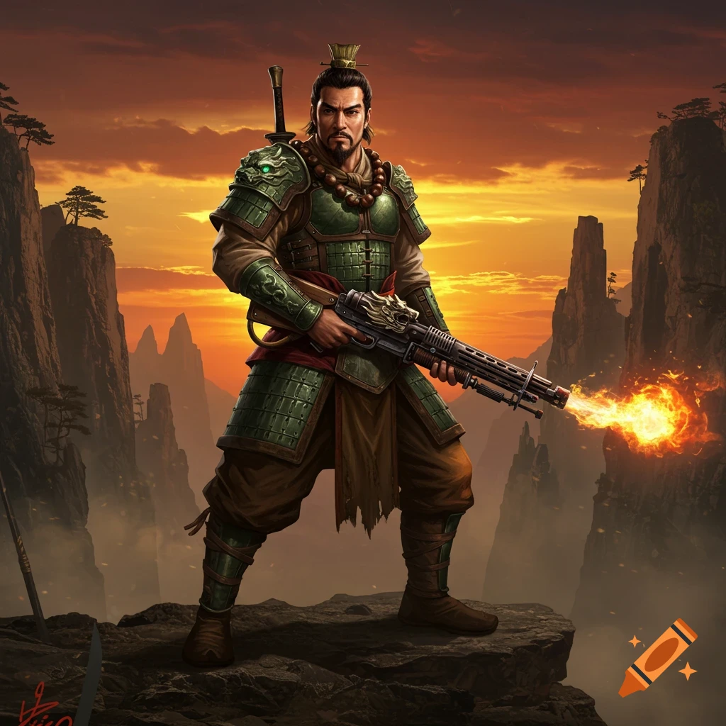 A Chinese warrior in green armor stands on a cliff, firing a ...