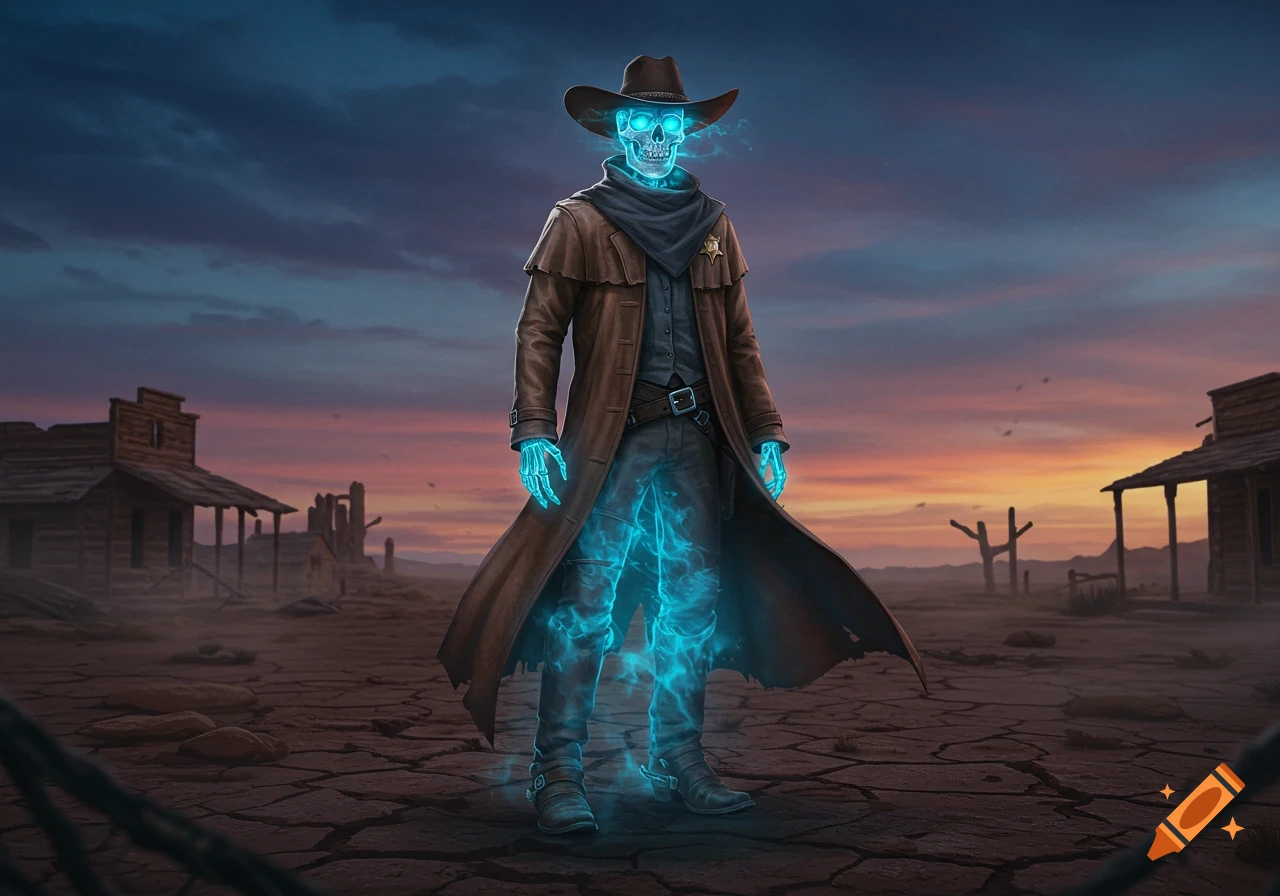 A dark, mysterious cowboy with a skull head and glowing red eyes ...