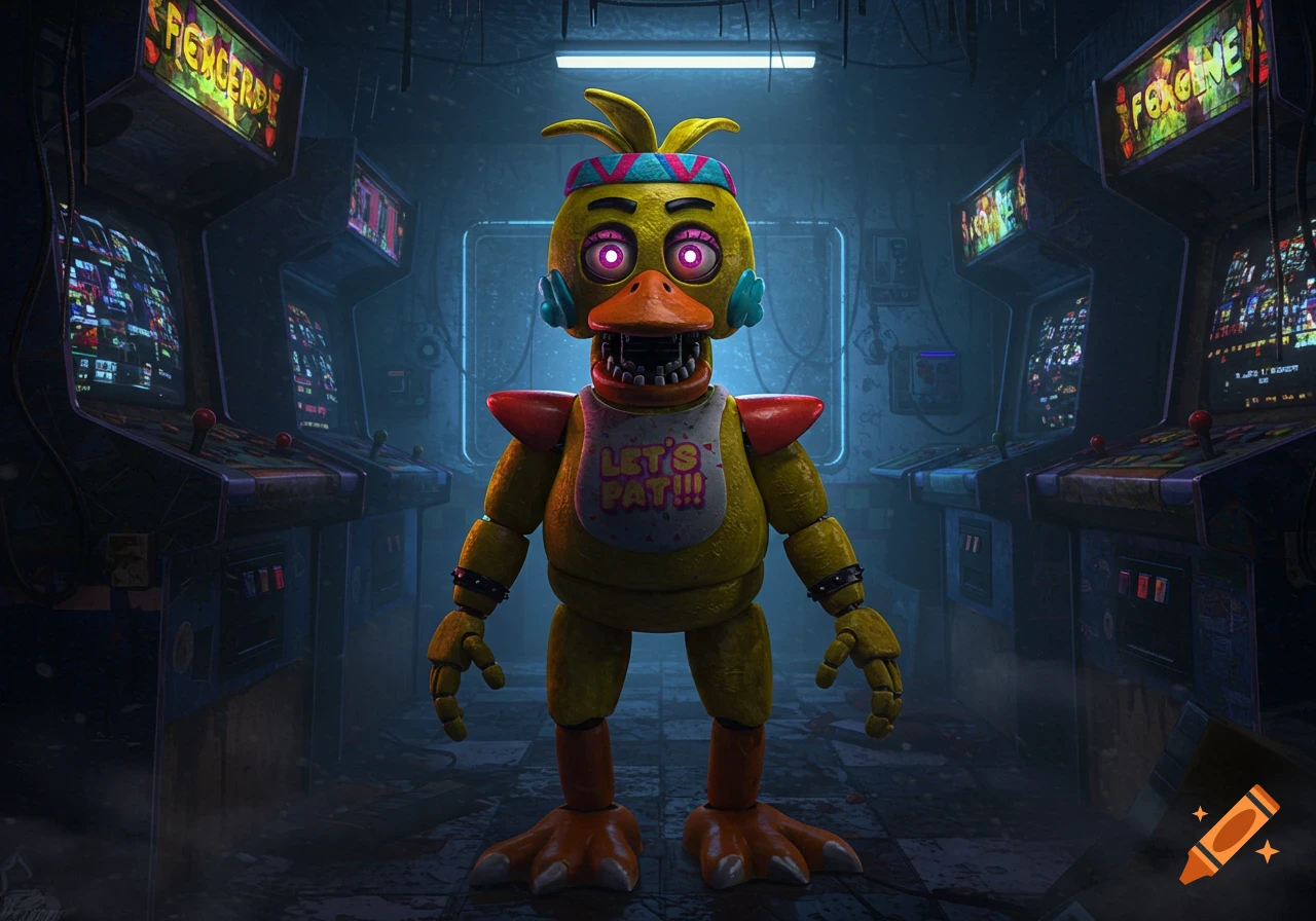 A horror-themed image of Chica, a yellow animatronic chicken with ...