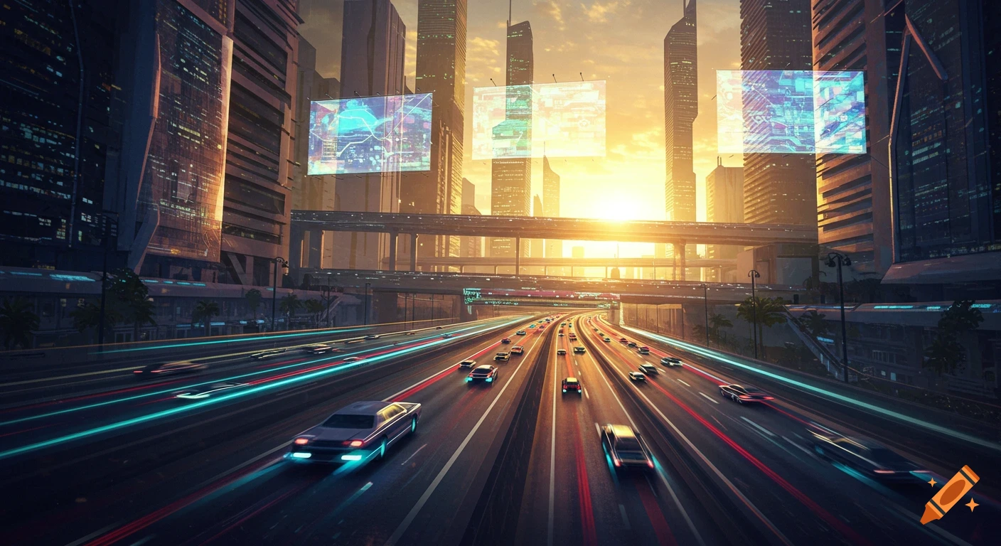 A futuristic city highway at sunset, with cars leaving light trails ...