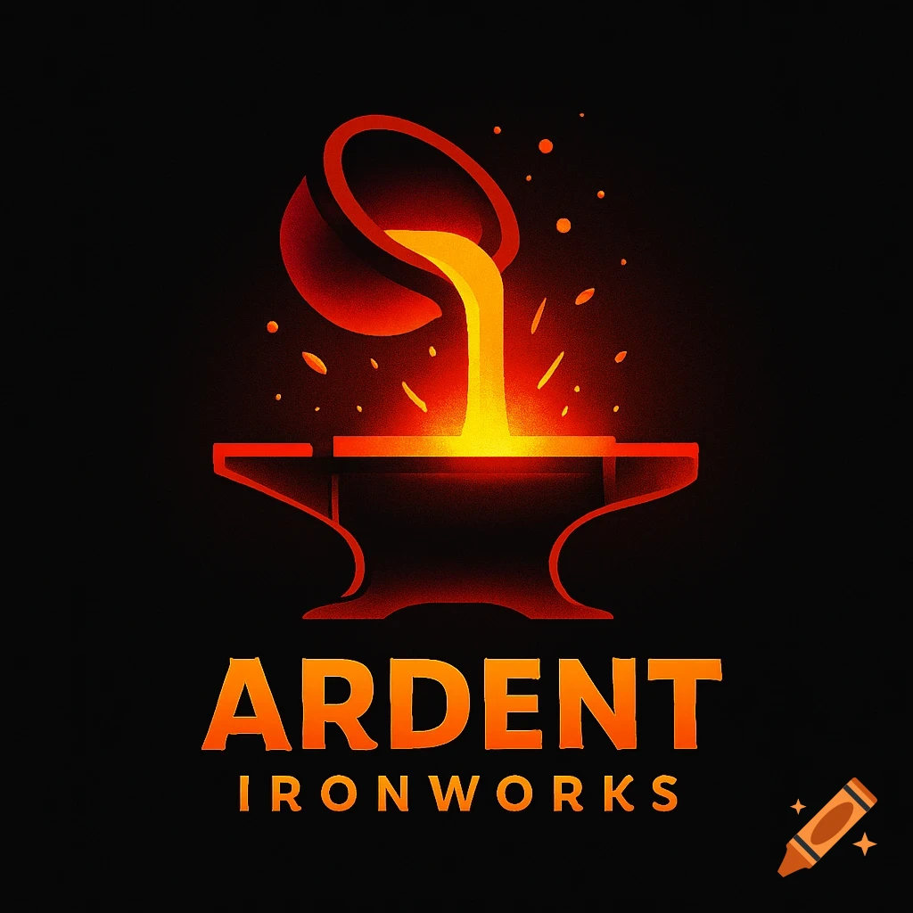Logo for Ardent Ironworks featuring a crucible pouring glowing molten ...
