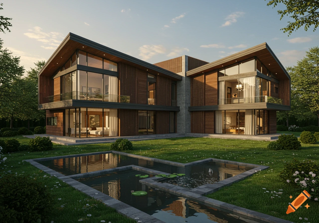 A modern three-dimensional house with large windows, wooden facade, and ...