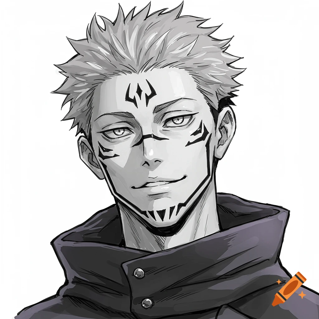 A grayscale anime sketch of Ryomen Sukuna's face and neck, with spiky ...