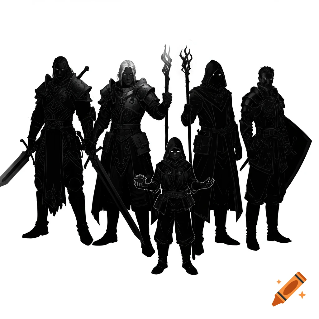 Five dark fantasy figures, four tall and one short, in armor and robes ...