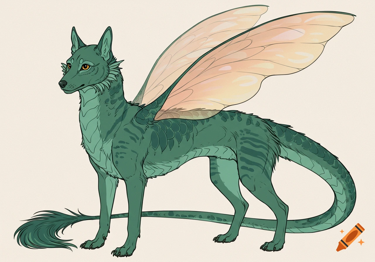 A green dog-dragon hybrid creature with large, translucent fairy wings ...