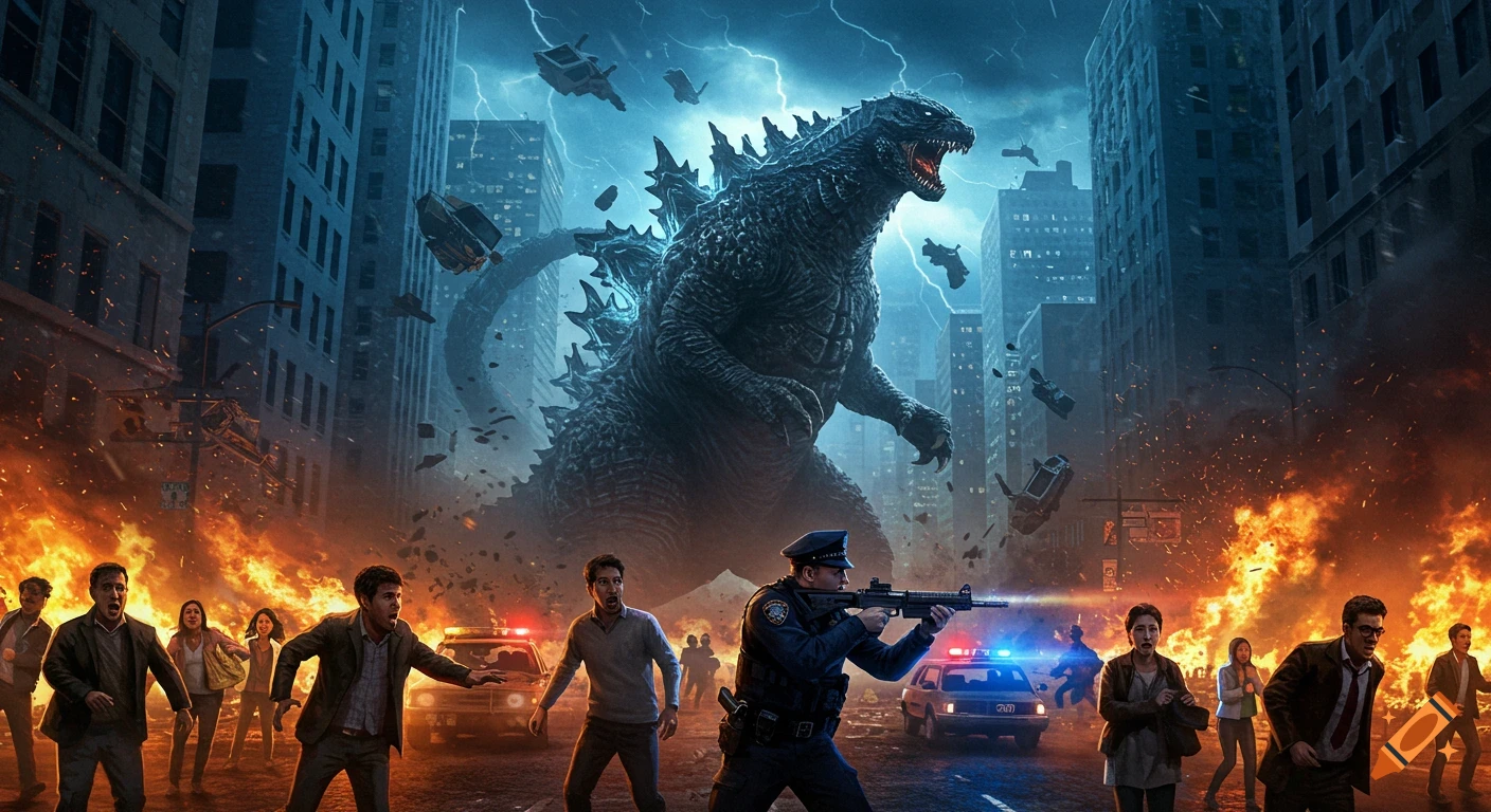 Godzilla with glowing blue dorsal fins soars through a bright blue sky above a city, surrounded ...