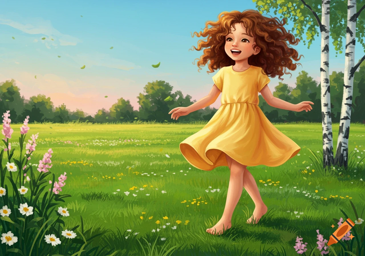 A happy cartoon girl with curly brown hair in a red plaid dress dances ...
