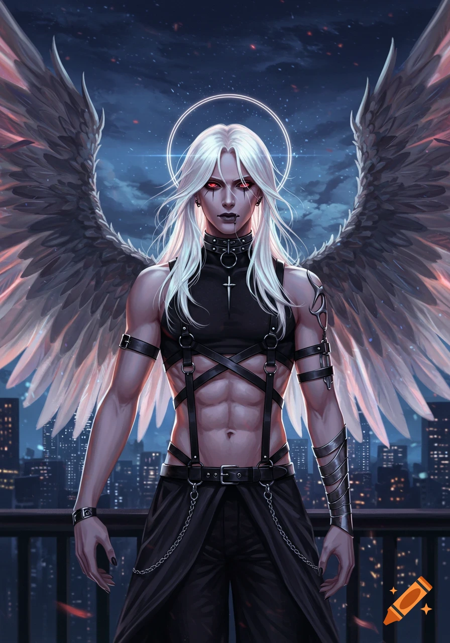 Full body illustration of a male angel with large red wings, blonde ...