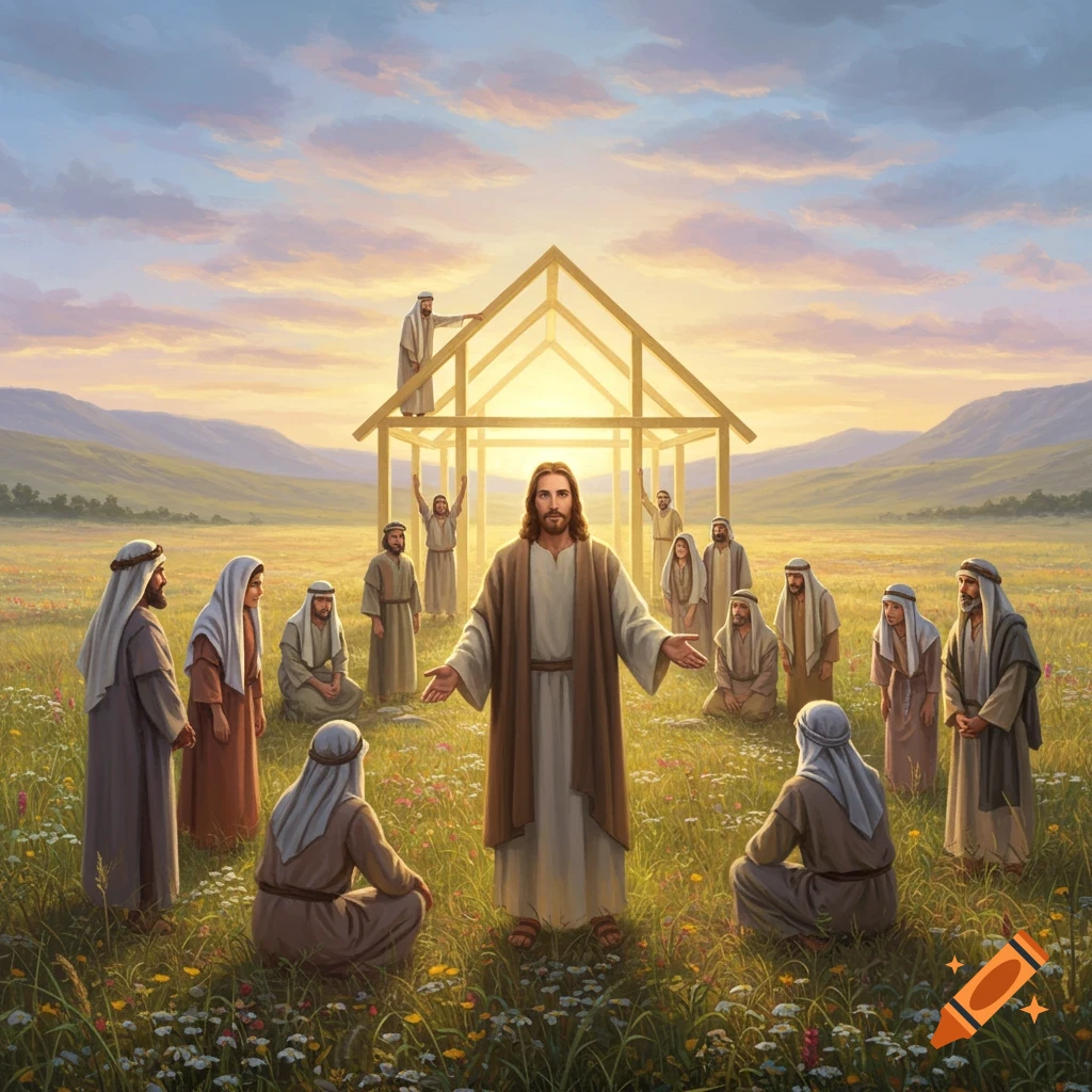 Jesus stands in a grassy field with disciples, arms outstretched, in ...