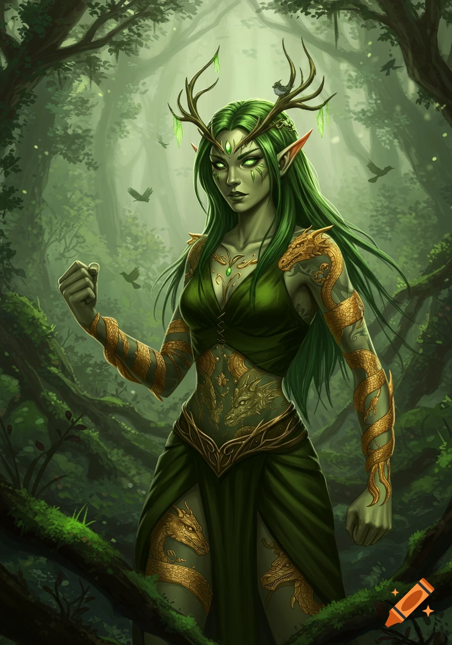 Digital painting of a red-haired woodland elf with antler crown and two ...