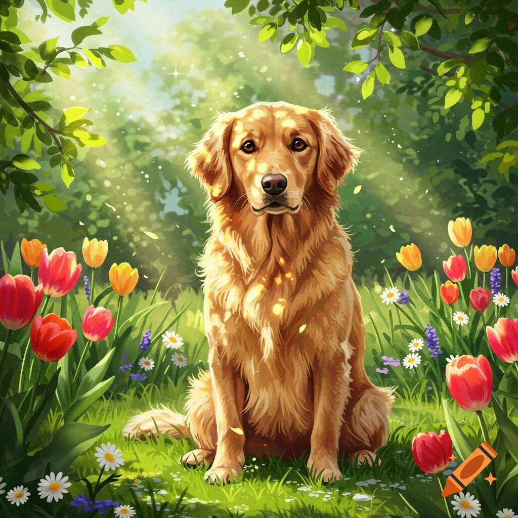 A golden retriever dog sits in a field of colorful tulips and daisies ...