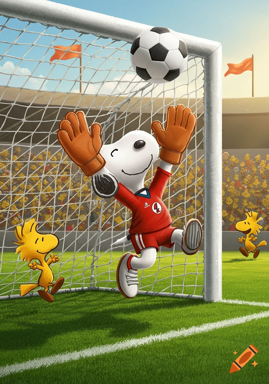 Snoopy, dressed as a soccer goalie in a red uniform and orange gloves ...
