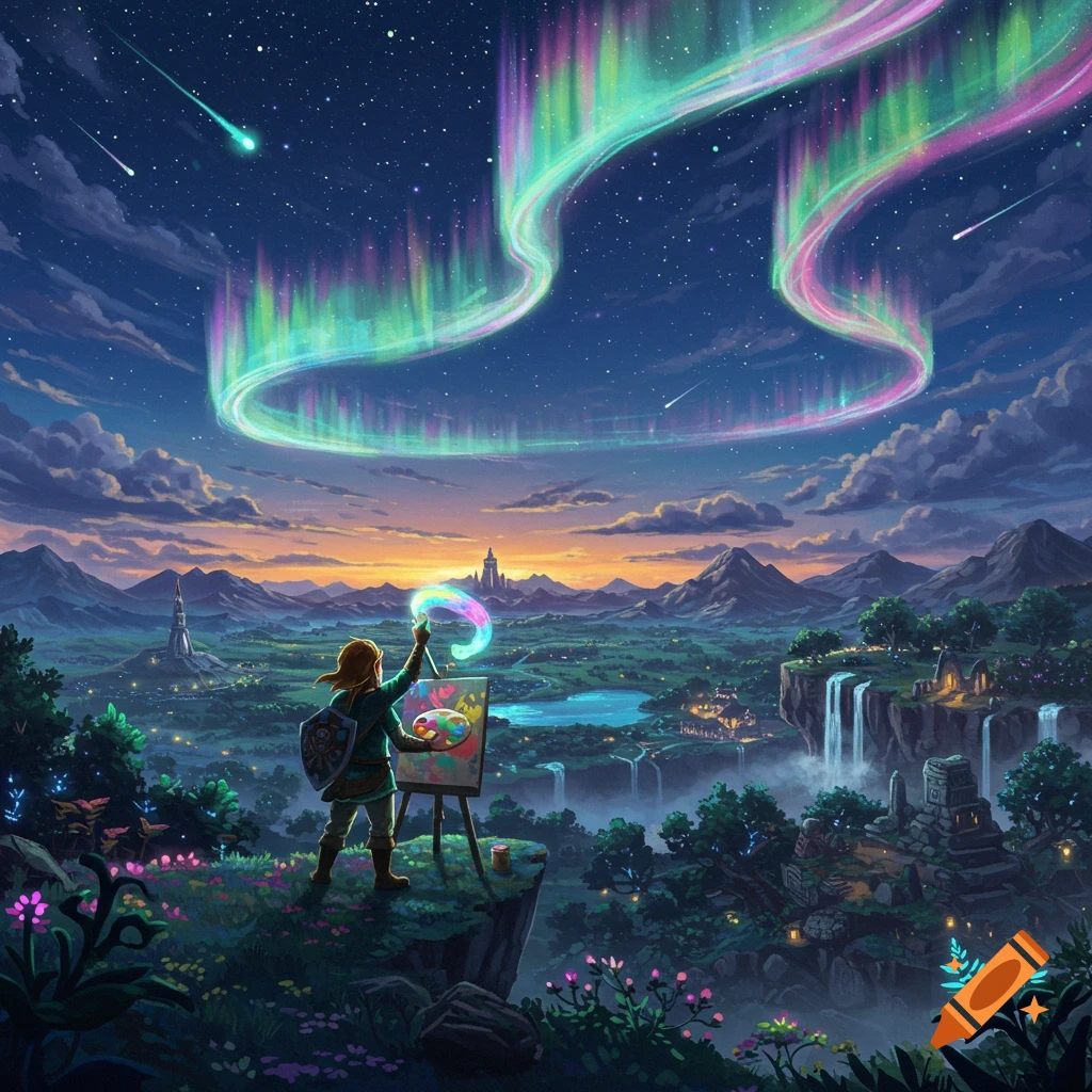 Link paints a vibrant aurora borealis into the night sky over a ...
