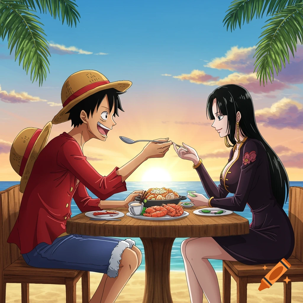 Luffy feeding Hancock at a beachside table during sunset in an anime ...