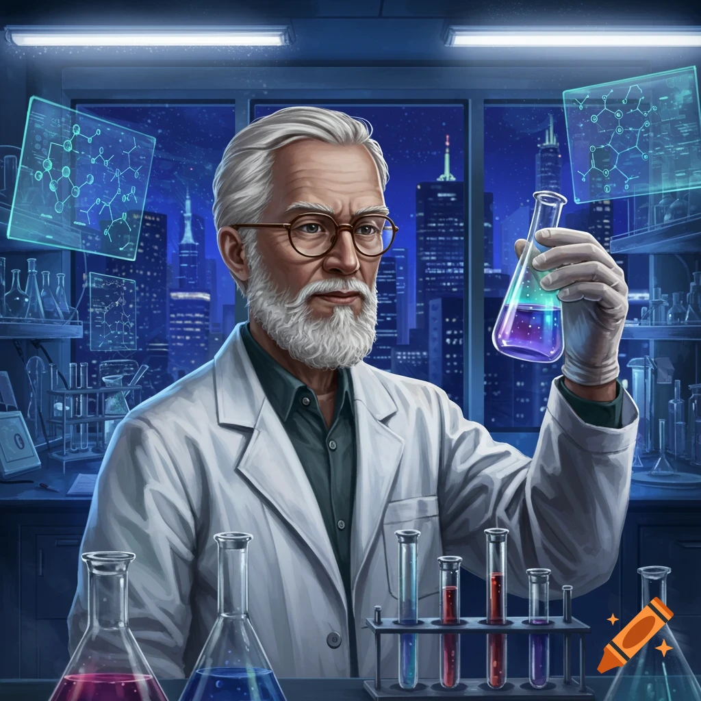 An old scientist in a vintage chemistry lab holds a glowing green flask ...