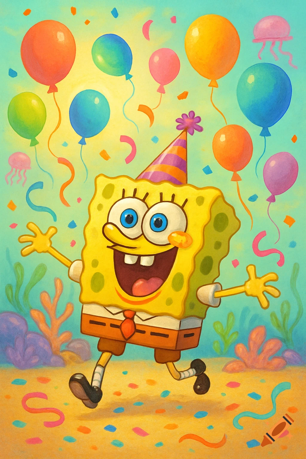 Spongebob Squarepants wearing a party hat and smiling, surrounded by ...