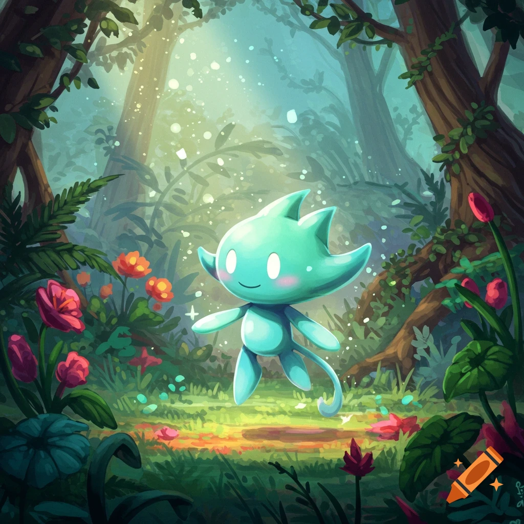 Cartoonish Celebi, a green fairy-like Pokemon, floats in a lush green ...