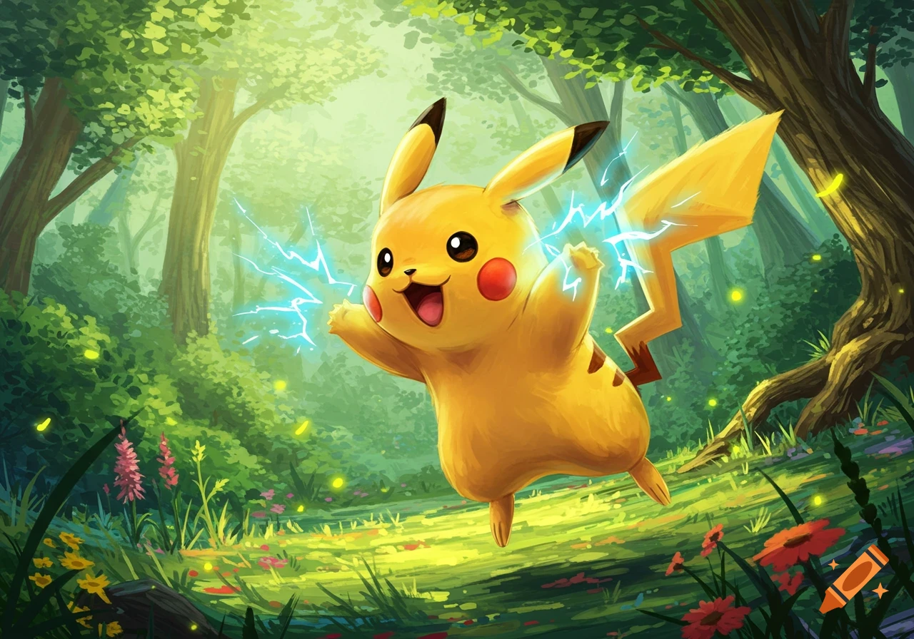 A smiling Pikachu emitting electricity from its red cheeks, standing in ...