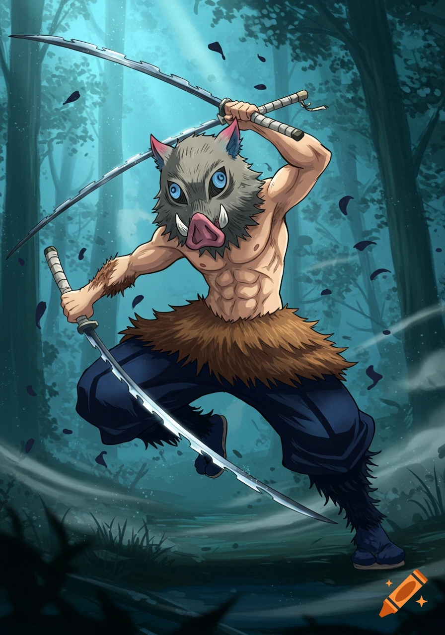Anime illustration of Inosuke from Demon Slayer in a dynamic pose ...