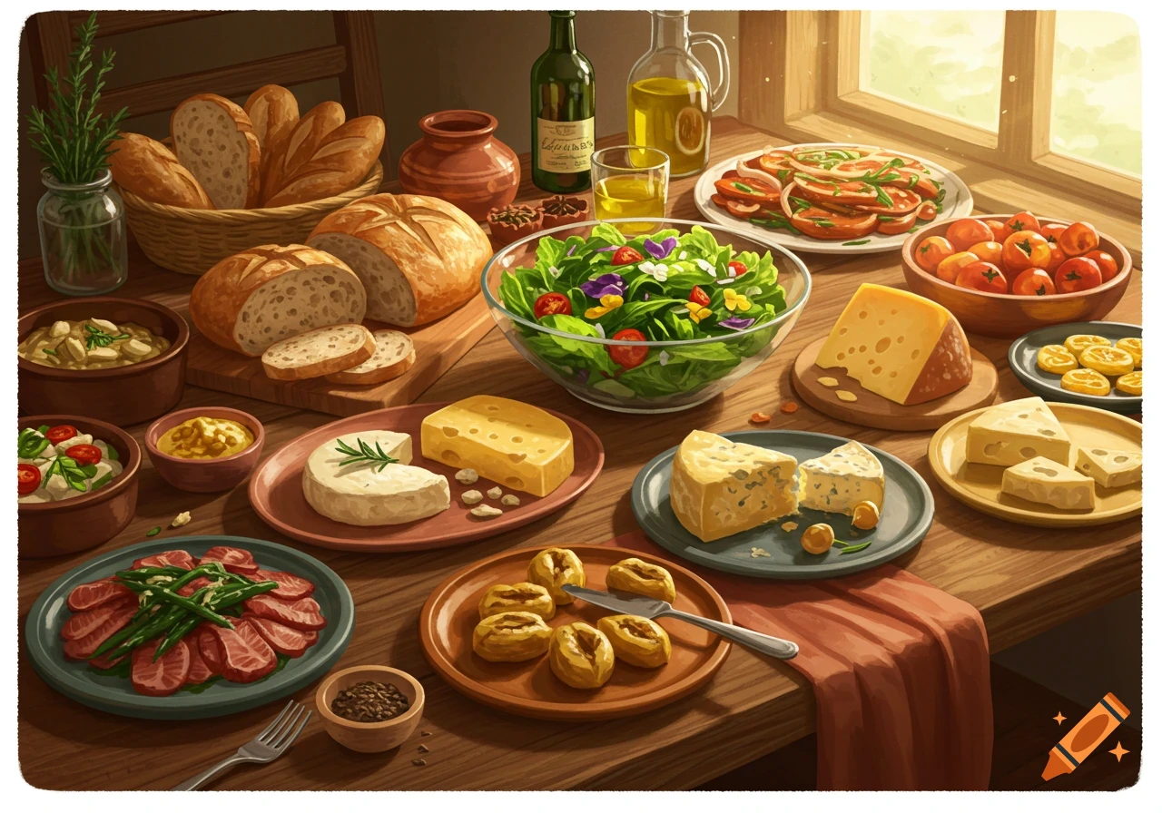 A richly laden wooden table with bread, cheese, salad, meats, and other ...