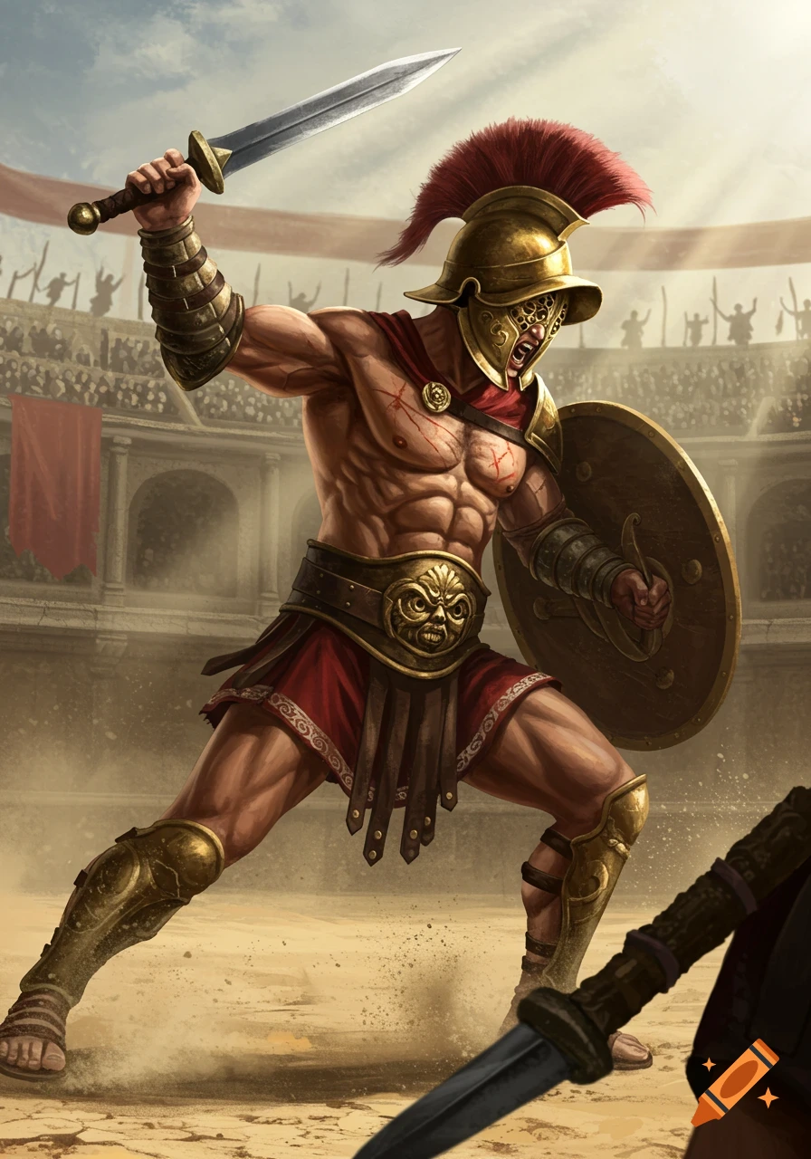 A tall, muscular female warrior in a gladiatorial arena embraces a ...