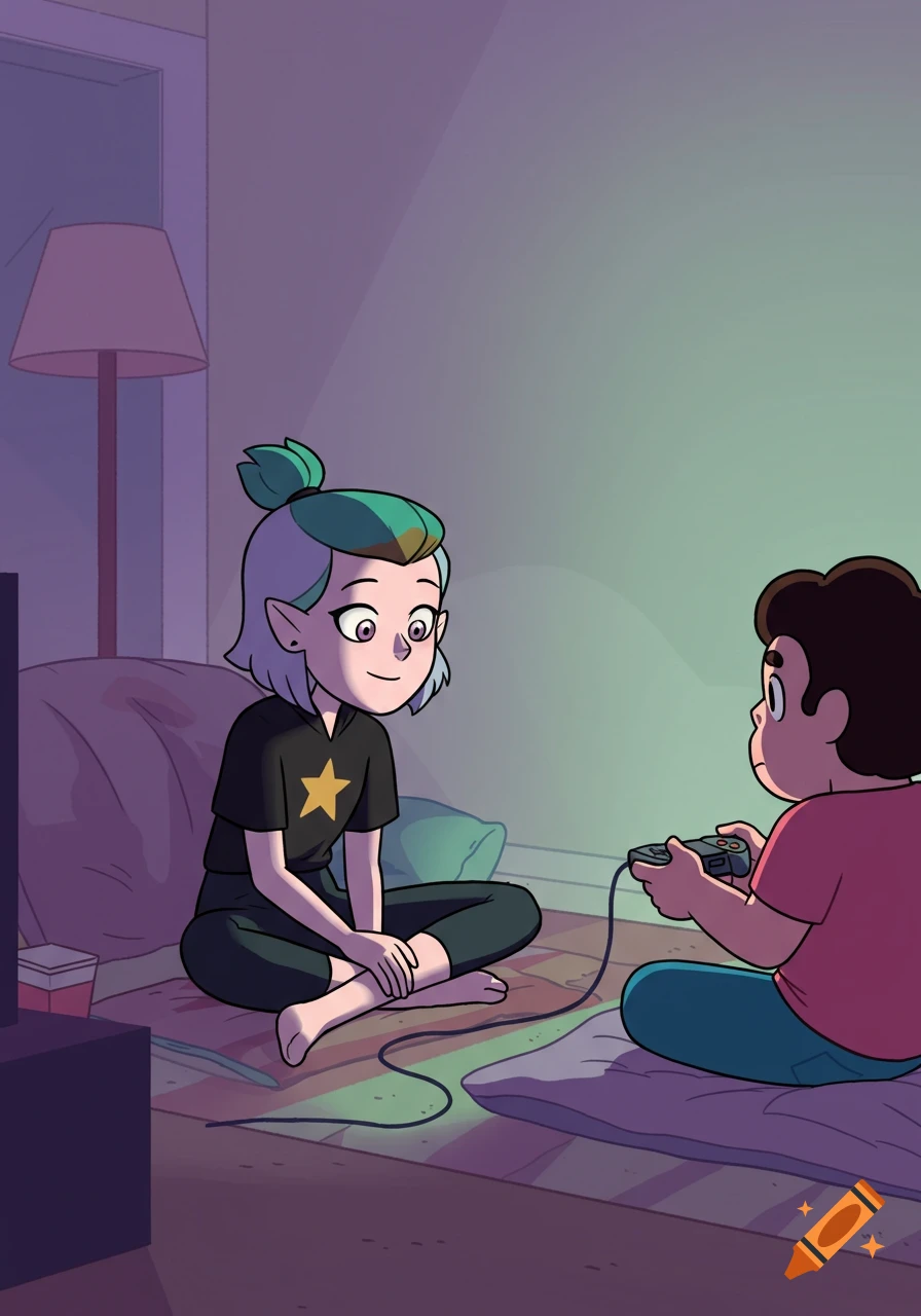 Amity Blight and Steven Universe at a sleepover. Steven plays video games while Amity watches ...