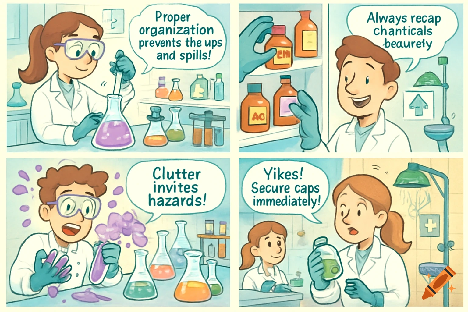 A four-panel cartoon comic strip illustrating proper and improper lab ...