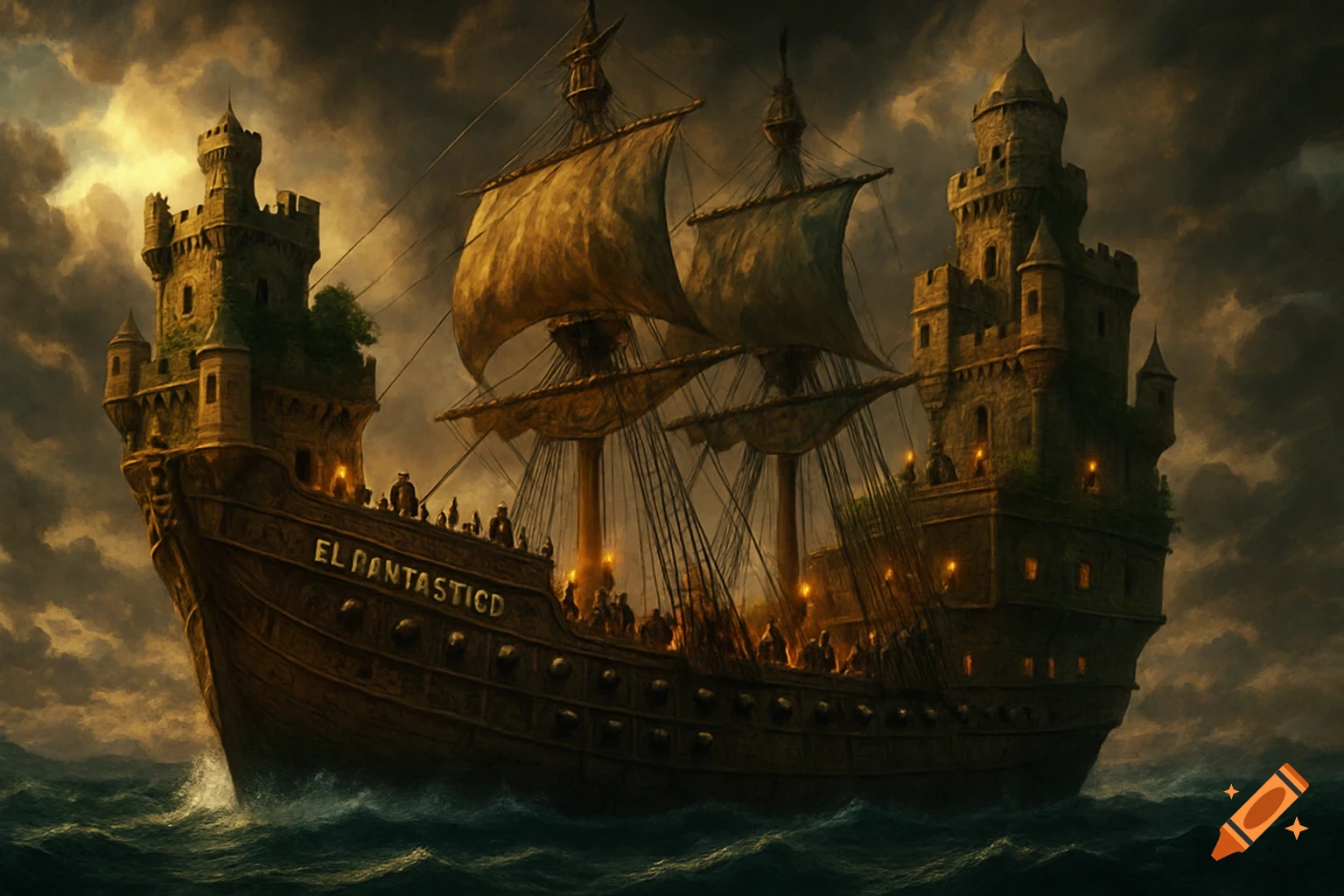 Large wooden ark-like ship filled with glowing alien creatures sailing ...