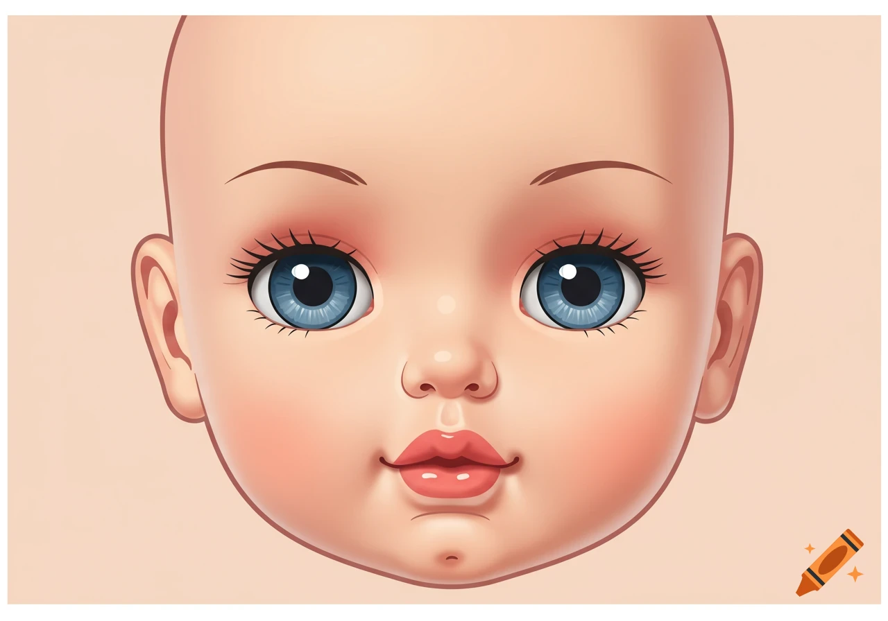 An illustration of a doll's head with big blue eyes, rosy cheeks, and ...