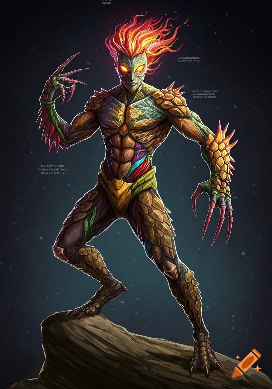 A vibrant, scaly humanoid creature with fiery hair and glowing eyes ...