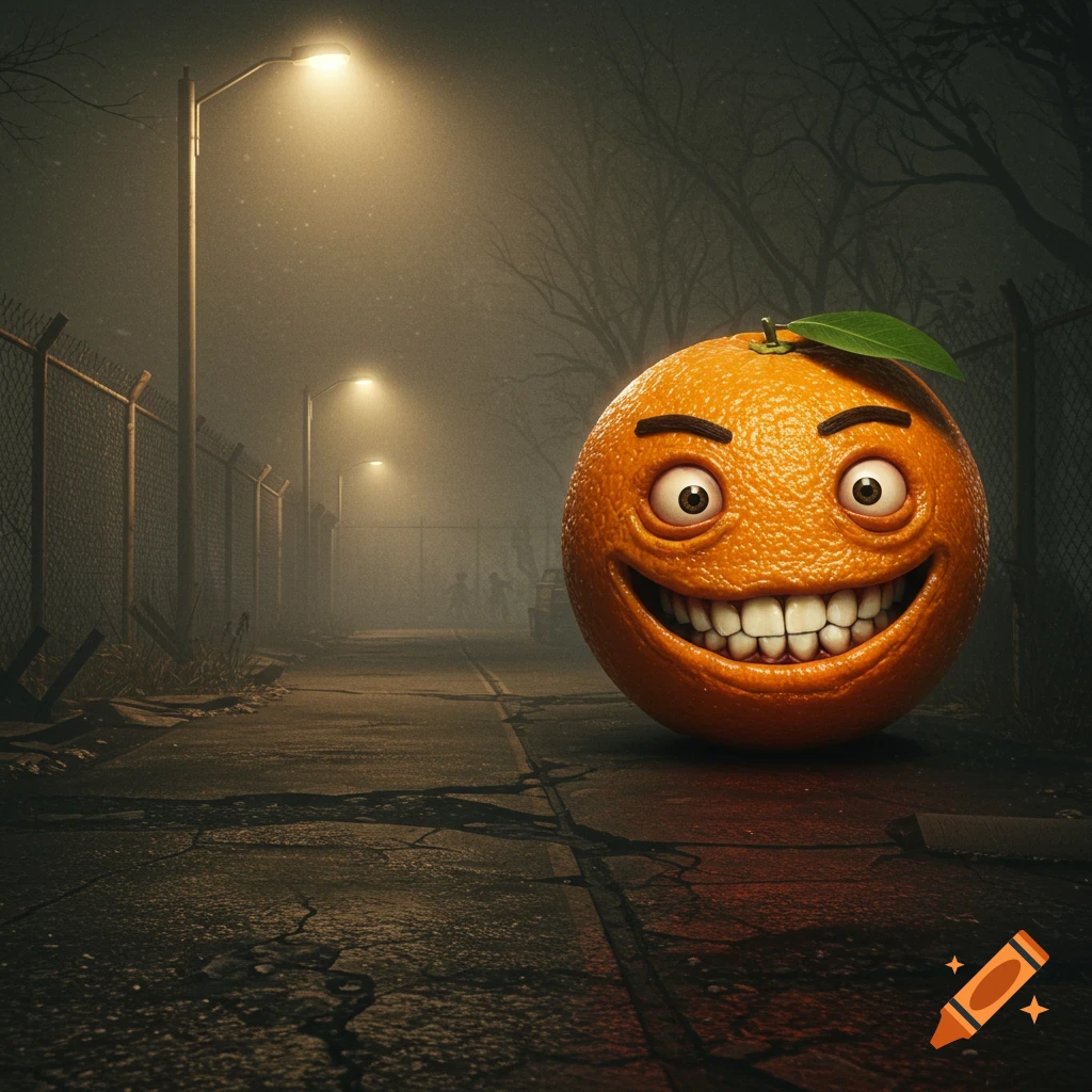 A realistic green apple with bright red eyes and a wide-open mouth ...