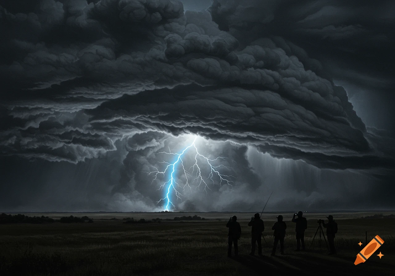 A dramatic storm with a fiery, mushroom-shaped cloud illuminating a ...