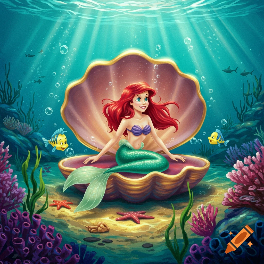 Ariel the Little Mermaid sits in a large open clamshell on the ocean ...