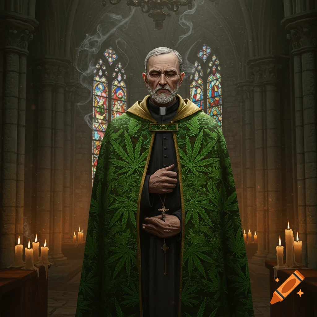 A bearded priest in a purple cassock sits on a church pew, drinking ...