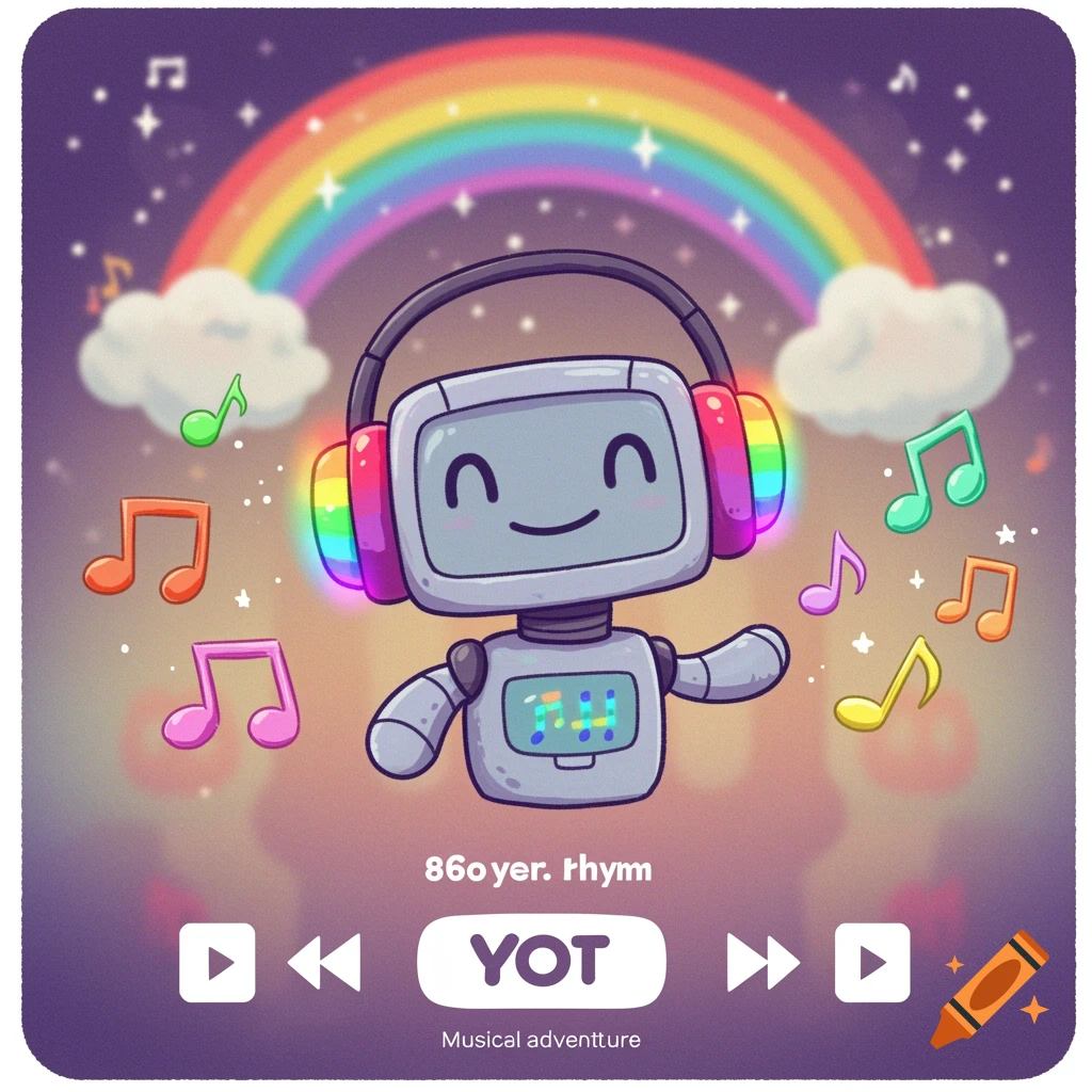 A cute cartoon robot with rainbow headphones stands under a rainbow ...
